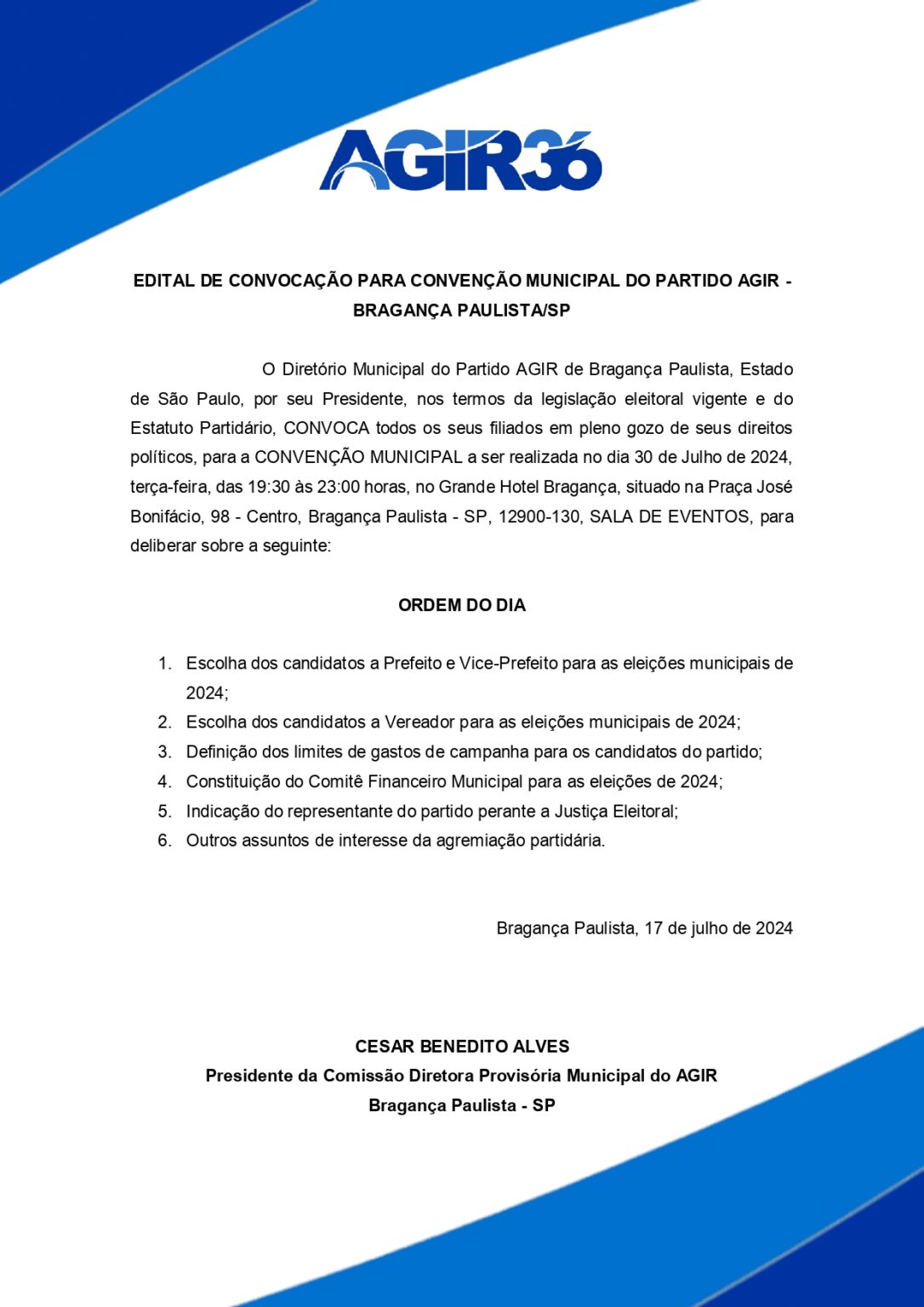 EDITAL DE CONVOCAÇÃO PARA CONVENÇÃO MUNICIPAL DO PARTIDO AGIR ...